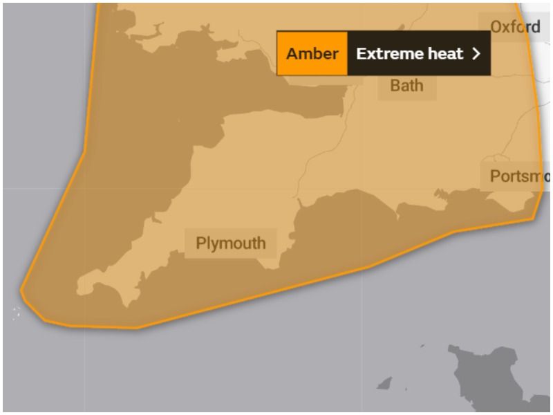 Amber level 'extreme heat' warning issued for Cornwall for first time ...