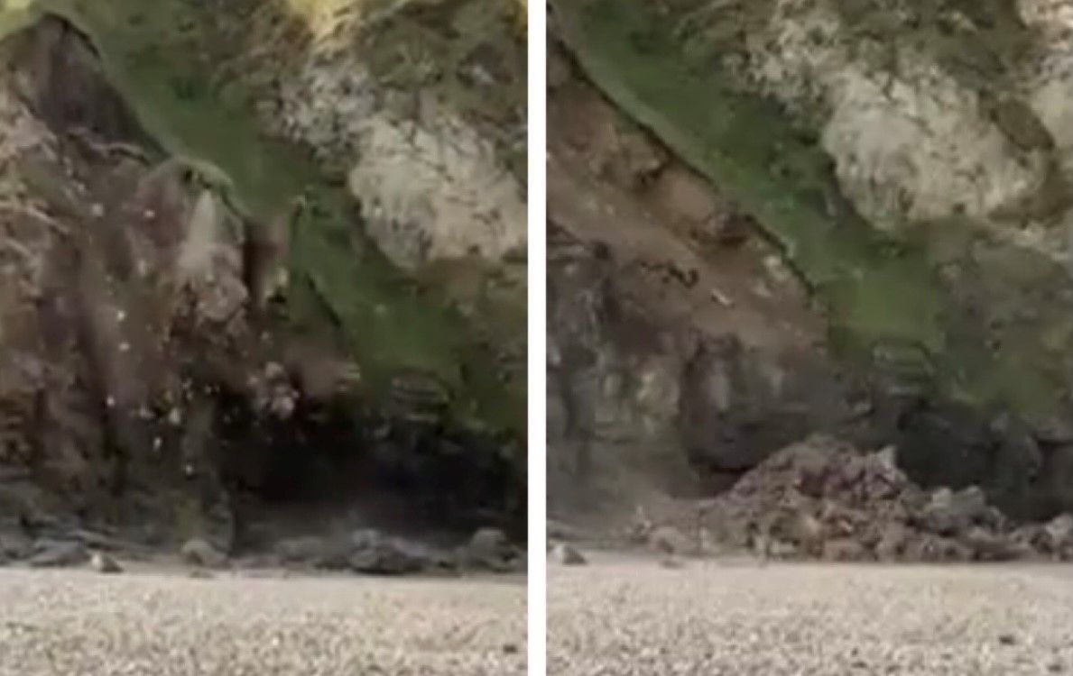 Part of cliff collapses onto beach in Cornwall where couple were ...