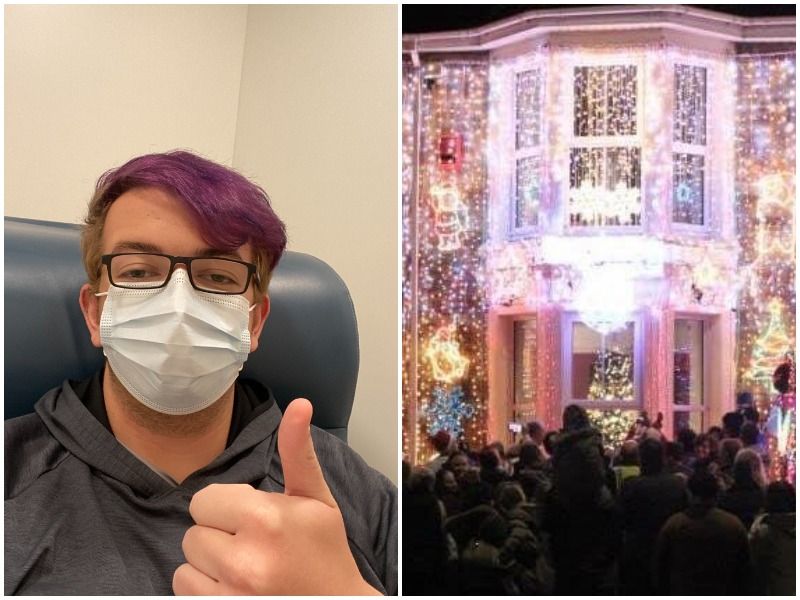 Cancer survivor holds Christmas lights switch on