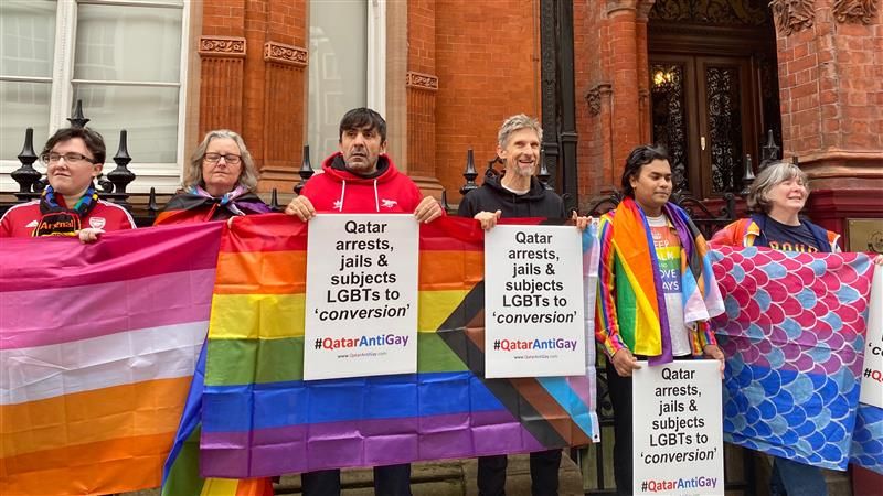 A crowd of protesters gathered outside the Qatari embassy in London, a ...