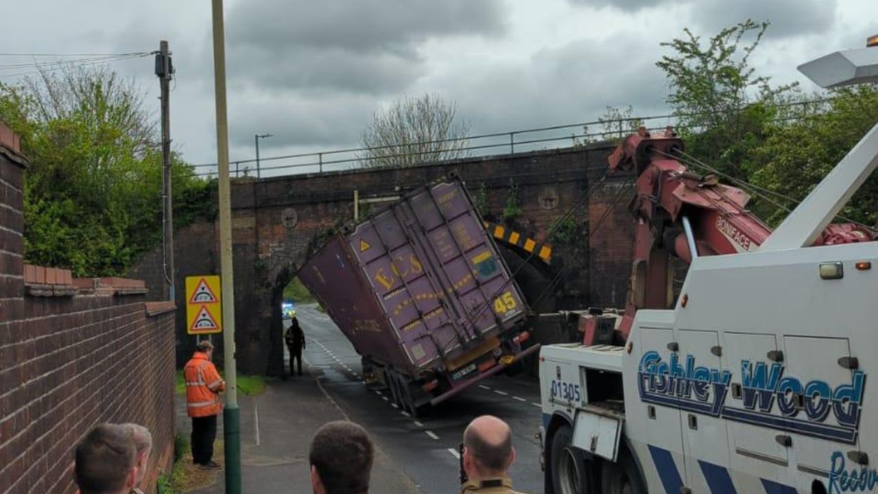 Lorry stuck under bridge on London Road near Laverstock