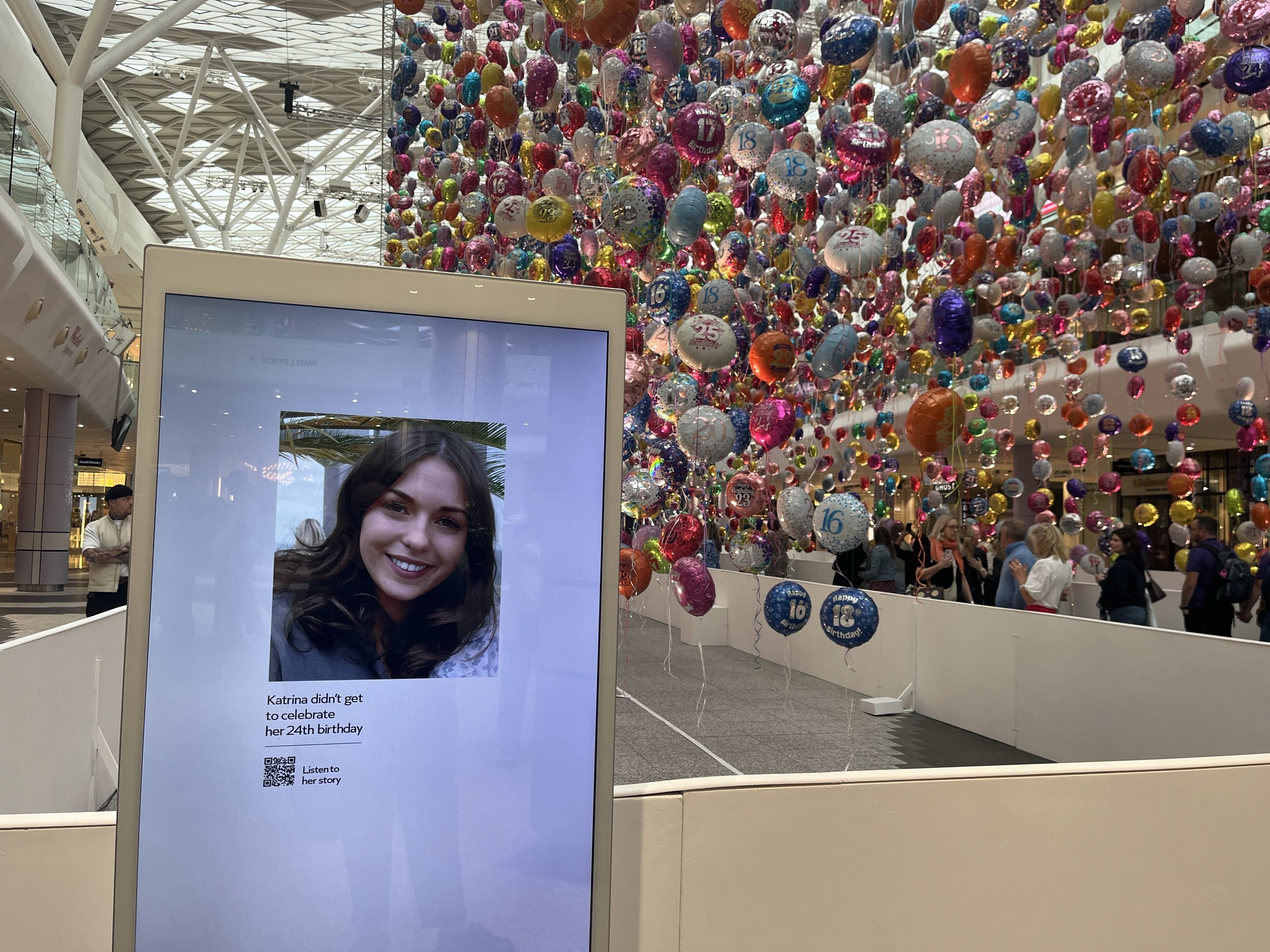 A balloon displayed for every "missed birthday" of suicide victims