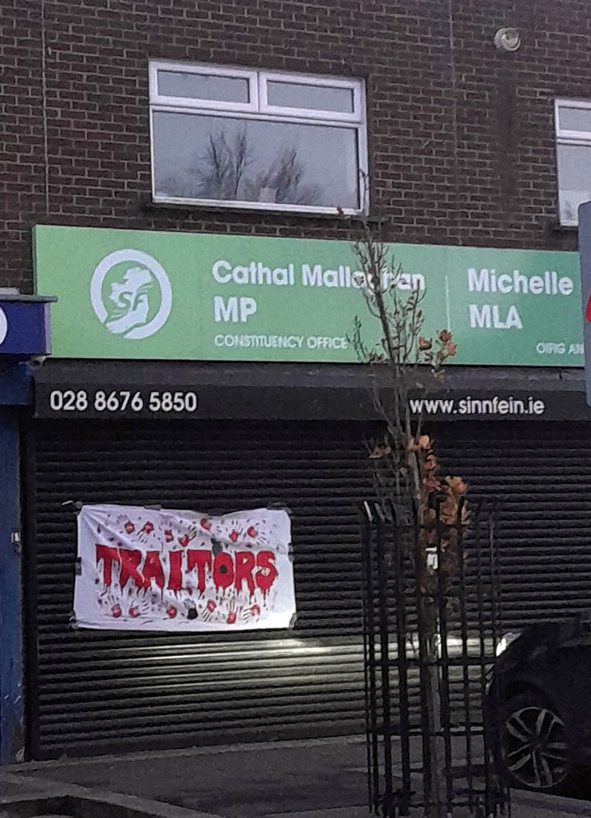 A 'traitors' banner has appeared on Michelle O'Neill's office