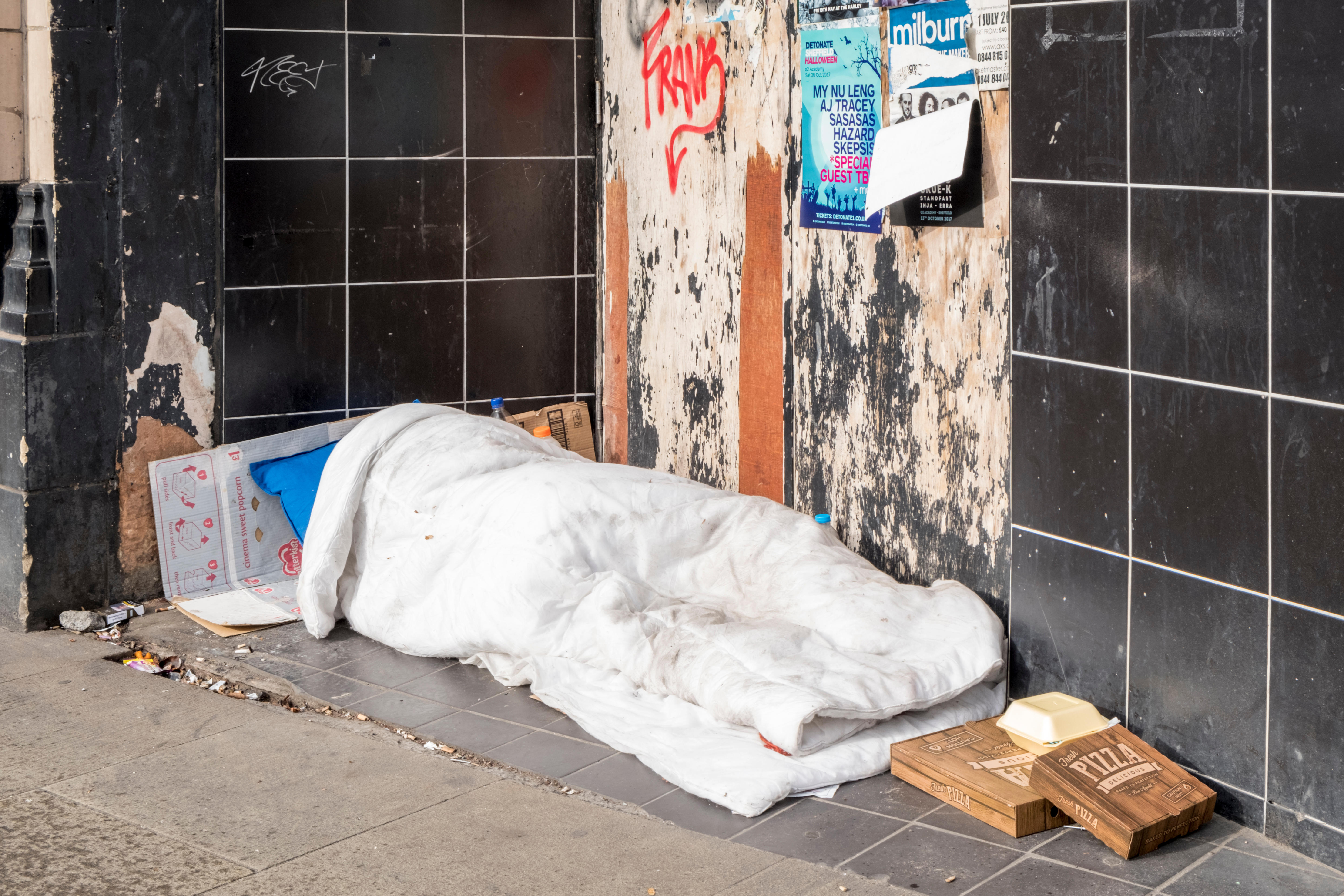Homeless at risk of trench foot and respiratory issues from bad weather