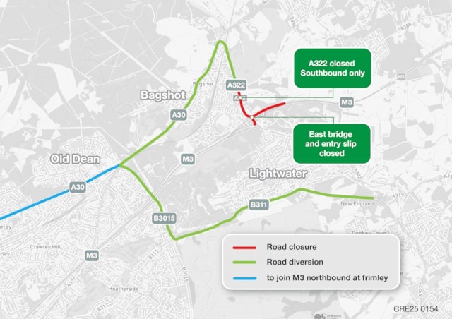 Warning of weekend closures on the M3 at the Lightwater Interchange ...