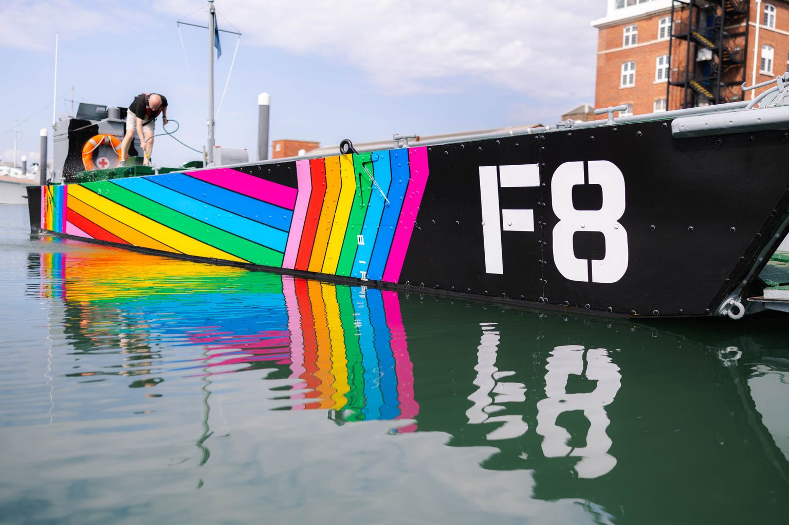 Navy landing craft wrapped in Pride colours on display in Portsmouth