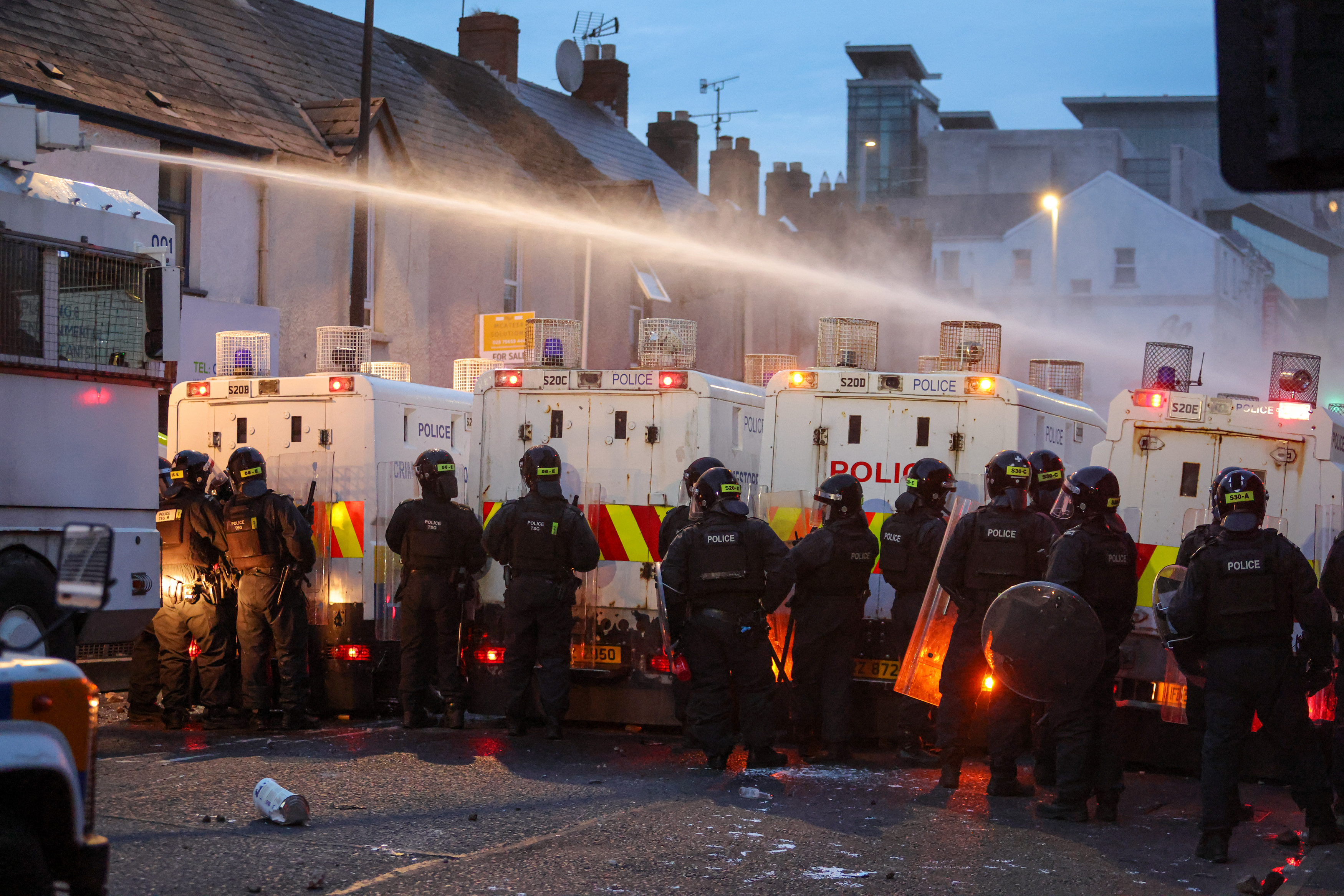 PSNI water cannon used during a third night of trouble in Ballymena