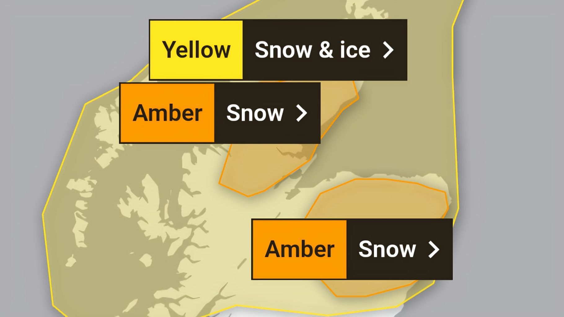 Amber snow warnings for north and north east scotland.